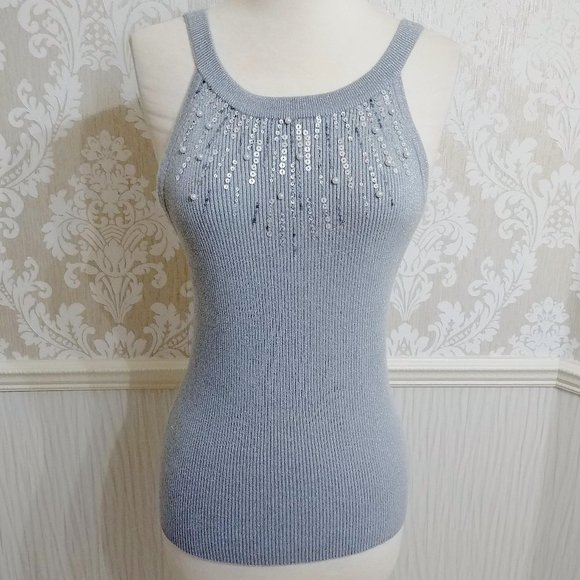 Cache | Tops | Cache Metallic Silver Tank Top Sequin And Faux Pearl ...